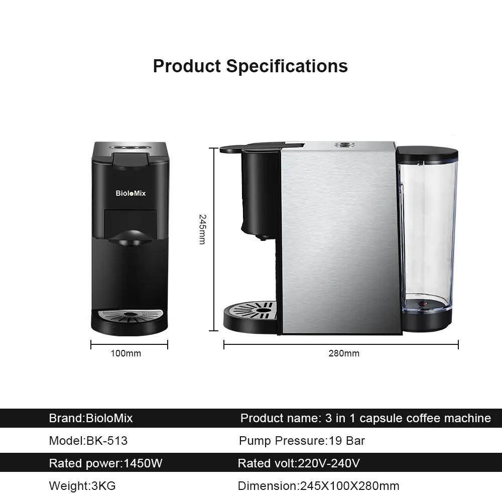 BioloMix 3 in 1 Espresso Coffee Machine - 19 Bar, 1450W, Compatible ...