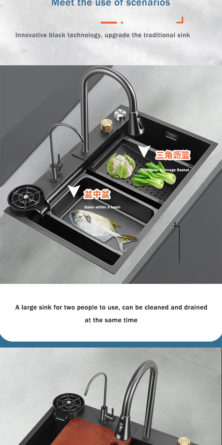 Modern Kitchen Sink Basin Lavandino Cucina Glass Rinser 304 Stainless ...