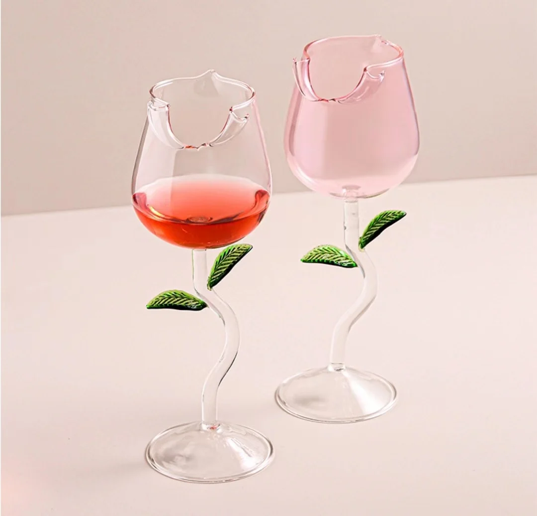 Wholesale 280ml Irregular Rose Flower Pink Glass Goblet Artistic Ins ...