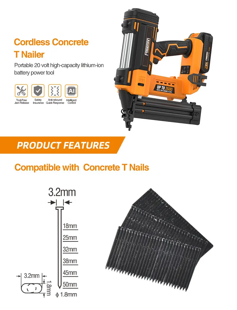 Freeman ST50 Cordless Nail Gun: 20V Lithium-Ion Concrete T Nailer for ...
