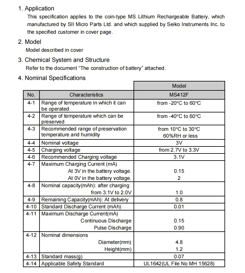Sii/seiko Ms412fe-fl26e 3v 1mah Rechargeable Battery Rtc Clock Memory Backup Battery Lithium ...