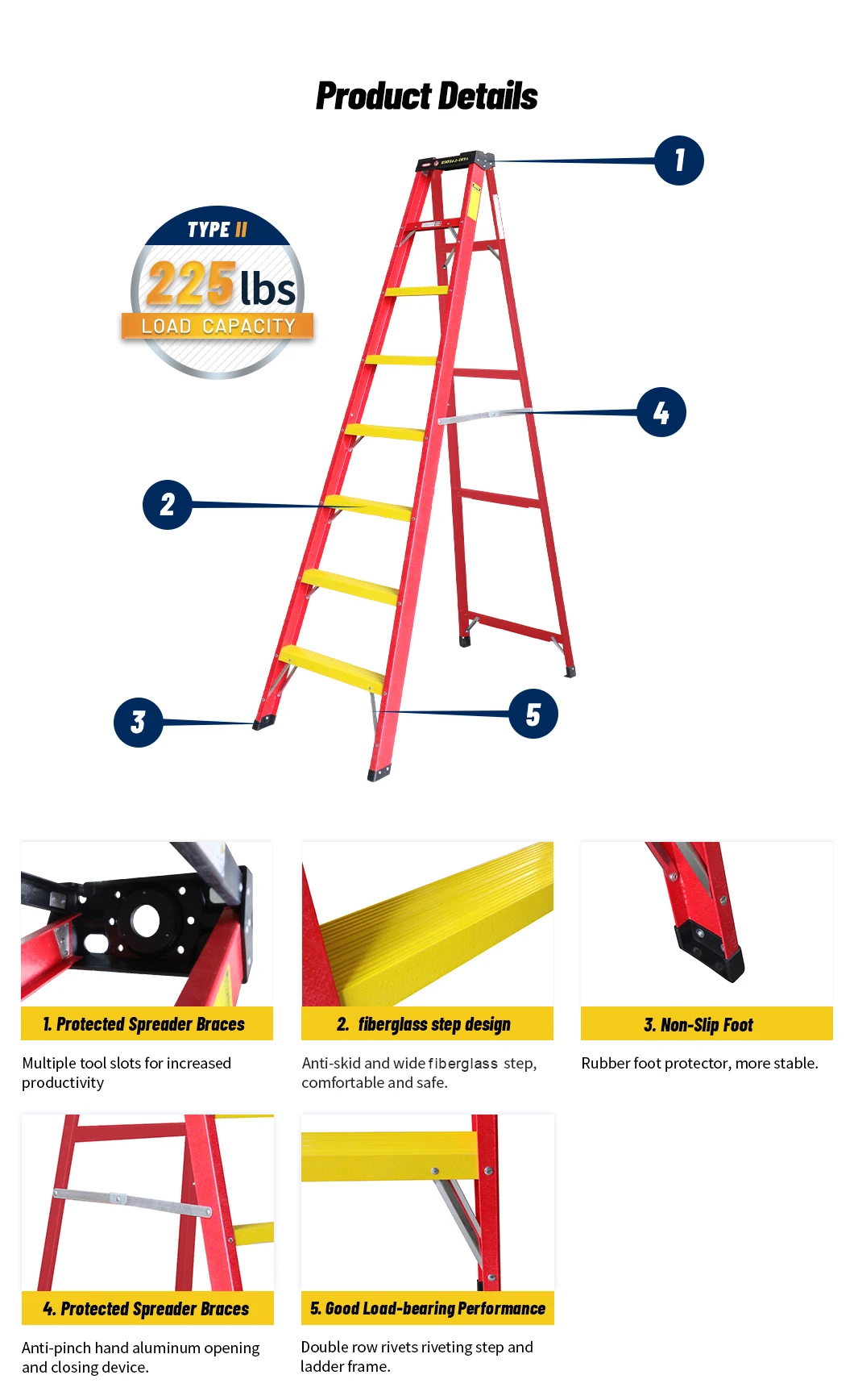 Insulation Foldable Fiberglass Step Ladder Adjustable 6 Foot 8 Foot 10 ...