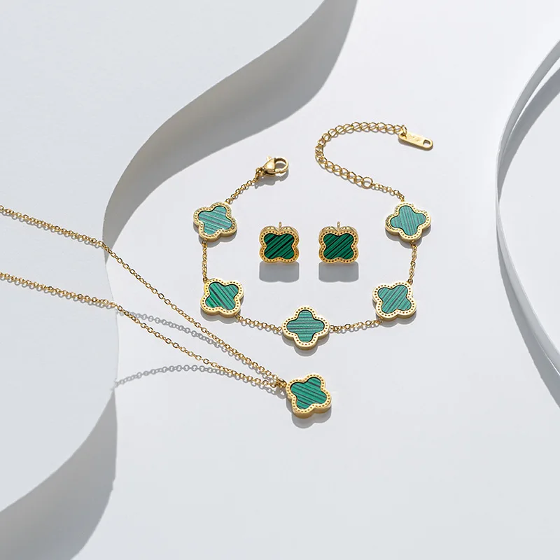 18k Gold Plated Fashion Leaf Clover Flowerjewelry Set Women Jewelry ...