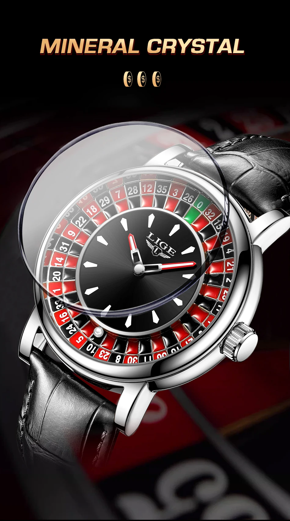 LIGE LG89161 Quartz Movement Roulette Watch - Luminous Mens Watch for ...