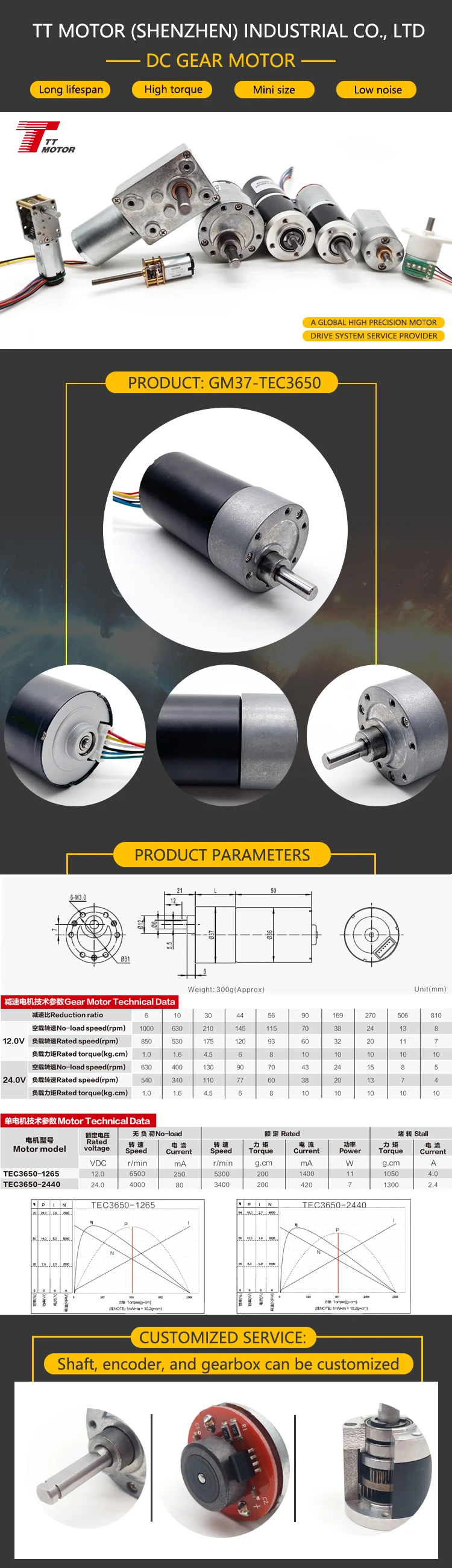 TT Motor Long Life High Torque 36mm Spur Gear Motor