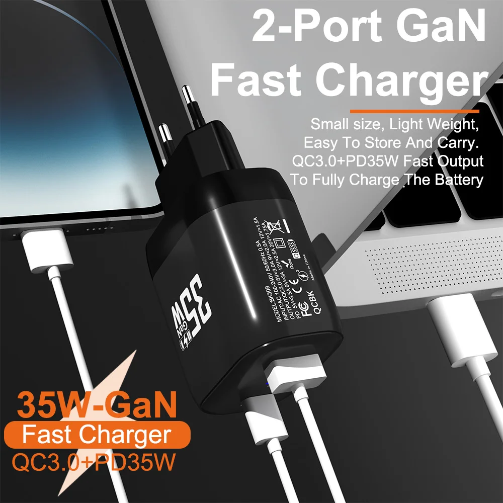 35w Gan Fast Charger Universal Dual Ports USB-C PD 35W QC3.0 USB 18W ...