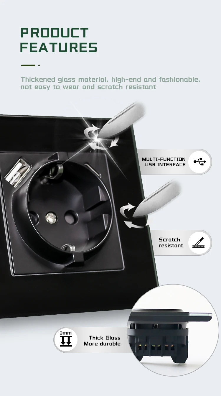 Colored Glass Panel Germany Wall Plug Socket With Usb Standard Eu ...