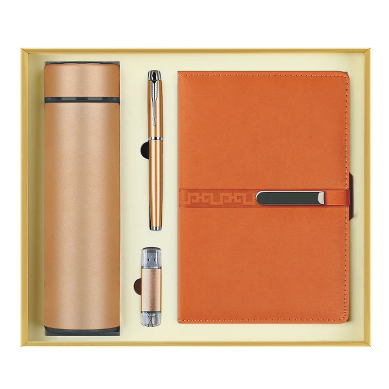 4-in-1 Luxury Real Leather Notebook Gift Set Includes LED Water Bottle ...