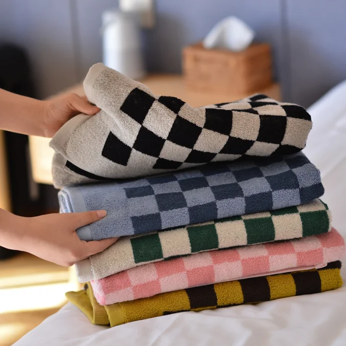 Cotton Jacquard Checker Bath Towels - Soft & Eco-friendly