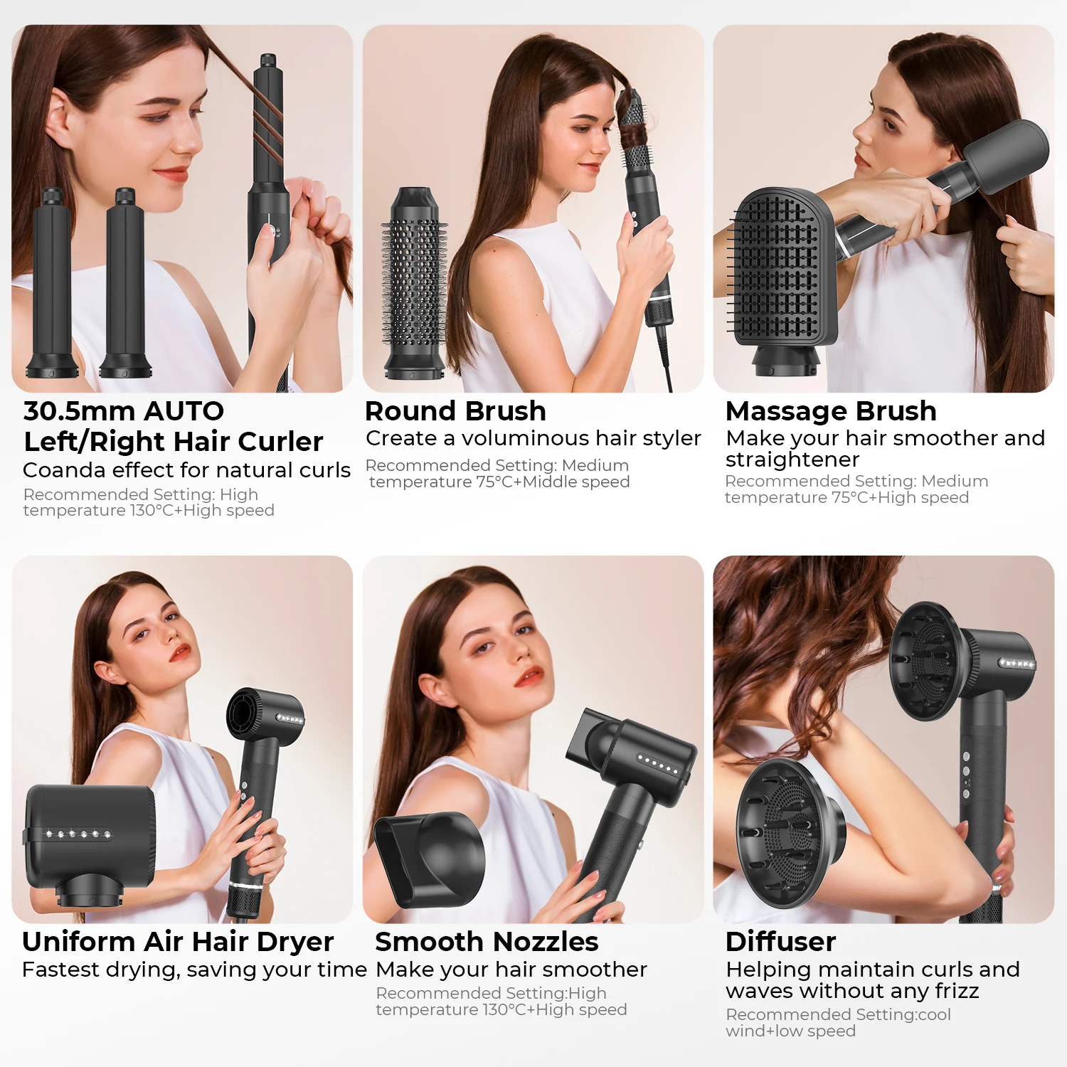 White/black 1400w Powerful Bldc Motor Fast Drying Styling 7 In 1 Hair ...