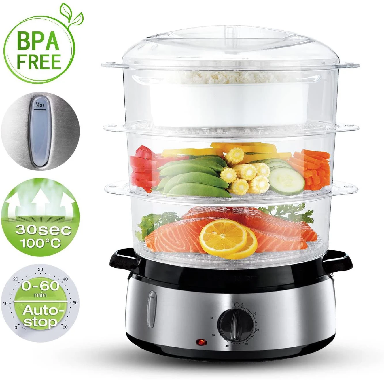 3 Tier Food Steamer - Efficient Cooking with BPA Free Baskets