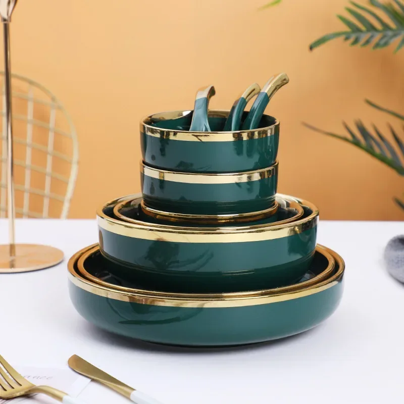 Luxury Gold Edg Green Ceramic Tableware Sets Food Dessert Plate Salad ...