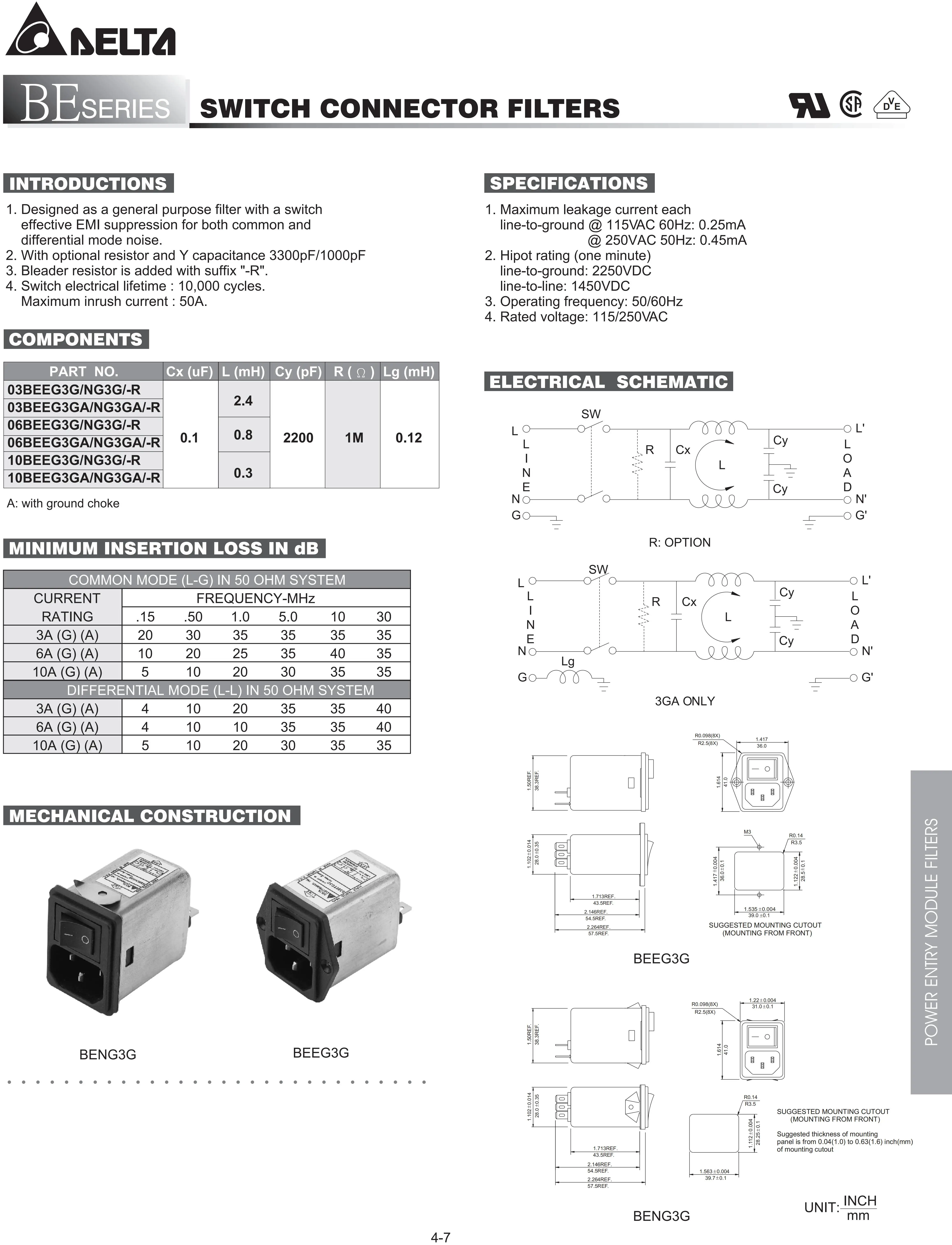 115/250V 6A EMI Filter - AC Power Entry Modules Switch Connector Filter