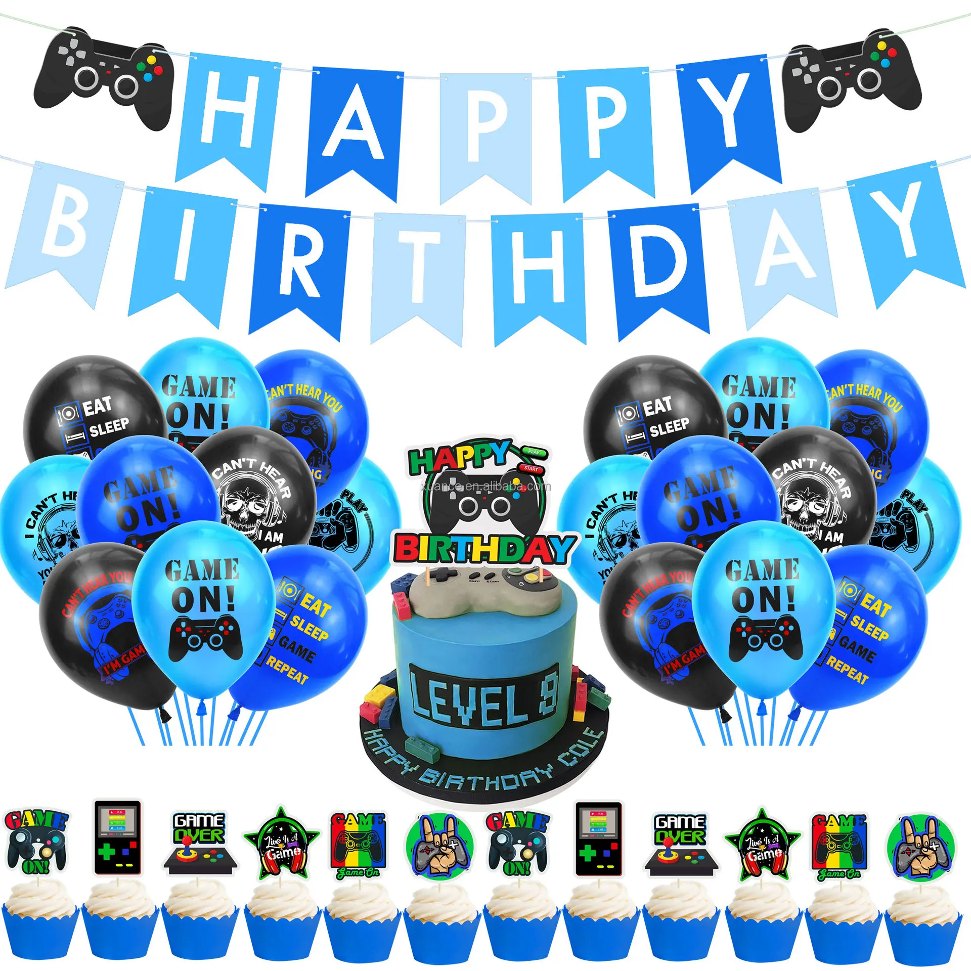 Blue Style Boys Game On Theme Cartoon Party Set Tableware Banner ...