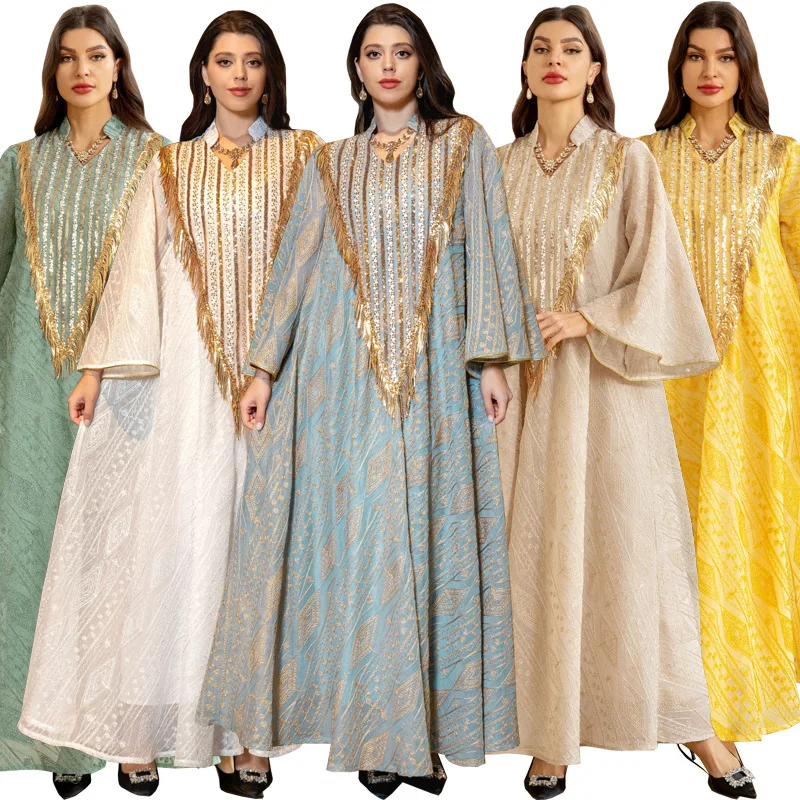 Arab Dubai Mesh Sequins Embroidery Evening Robe for Women Jalabiyat ...