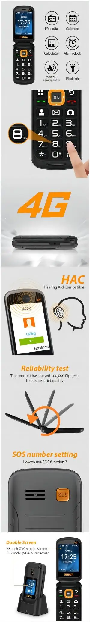 Uniwa 4g Flip Phone 2.8 Inch Double Screen Feature Phone Keyboard ...