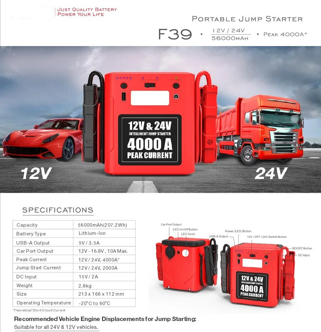 24v Battery Booster Car Jump Starter for Semi Truck Heavy Duty 50000mah