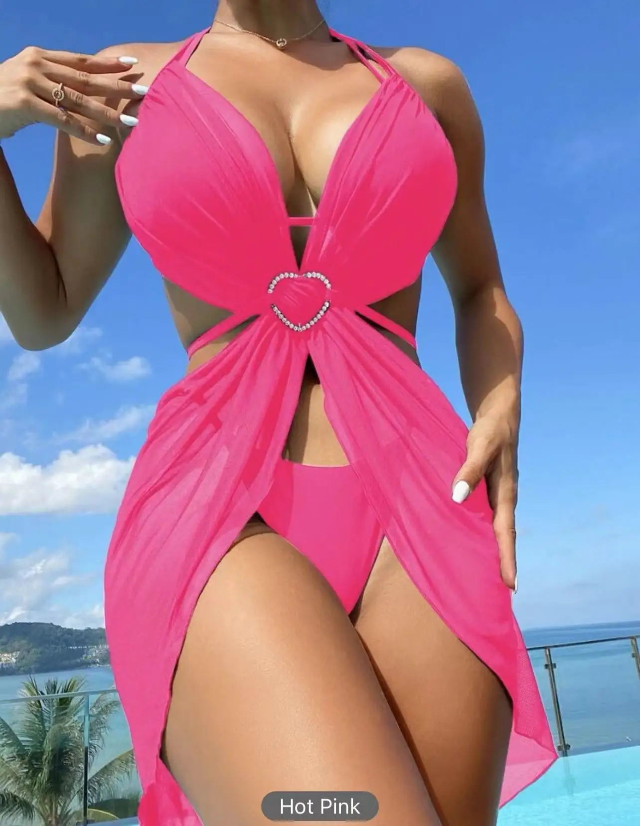 Stock 4colors Plain Basic Triangle Bikini Set 3pieces Swimsuit Sheer Mesh Dress Beach Cover Ups ...