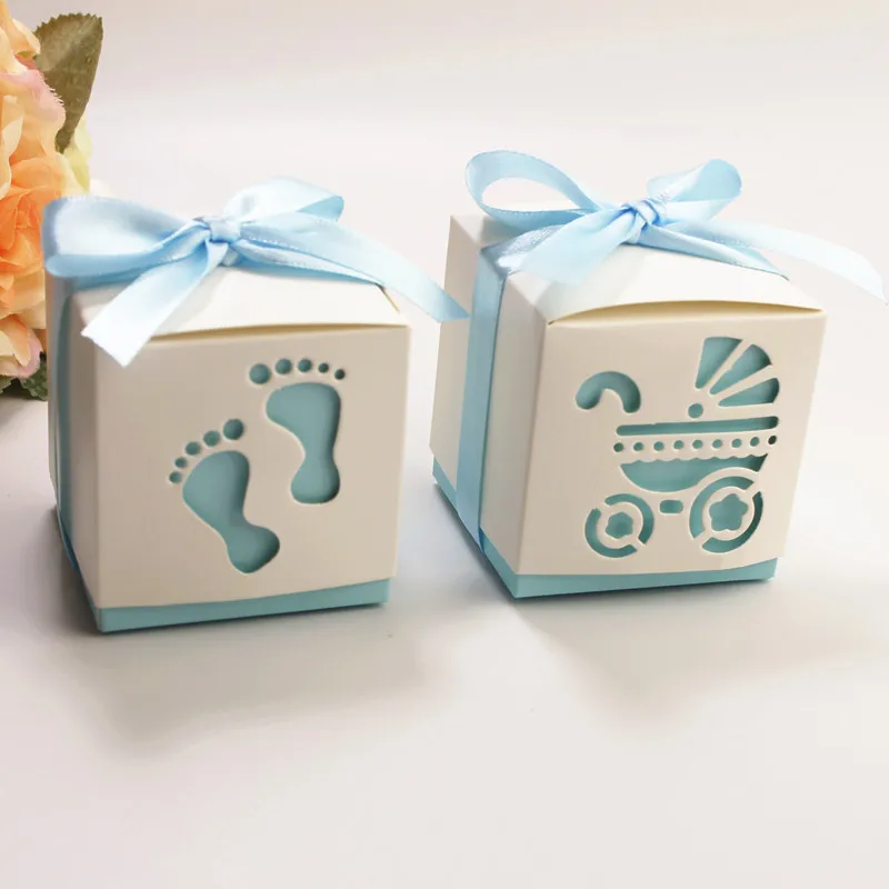 Newborn Baby Footprints Candy Boxes with Ribbon Baby Shower Packaging ...