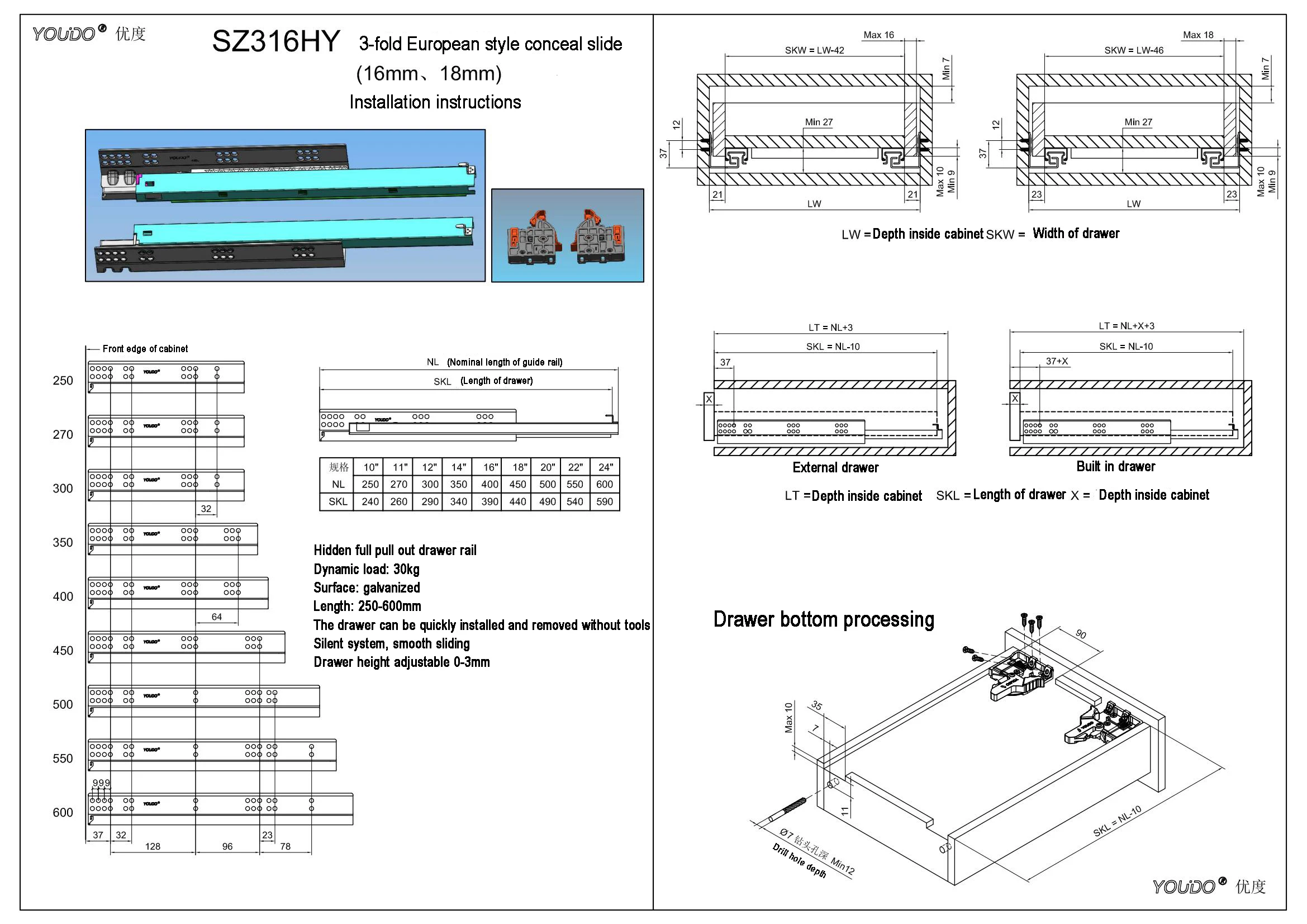 Youdo 35mm Full Extension Heavy Duty Telescopic Drawer Slides Rails ...