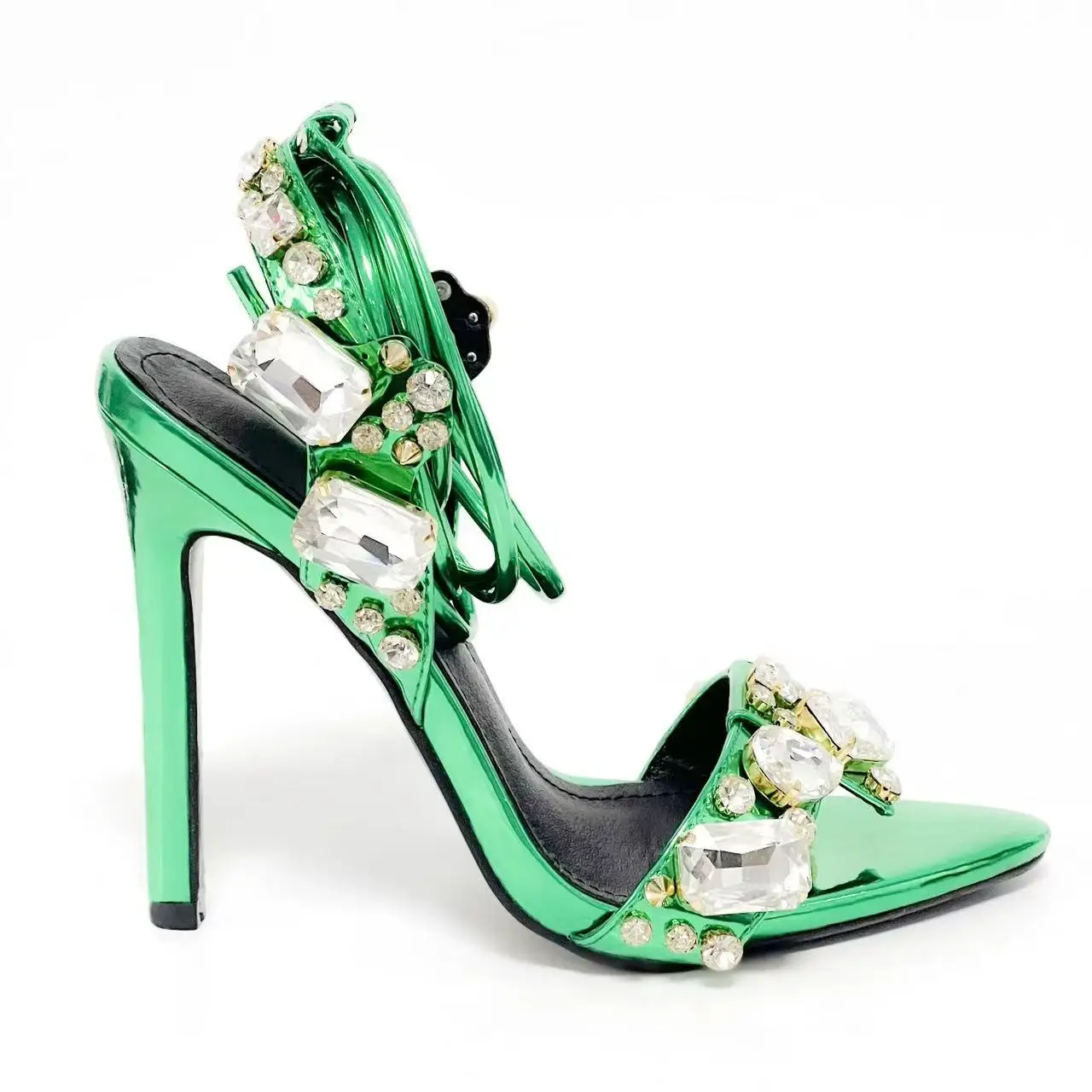 Newest Women Metallic Gold Diamonds Stiletto Heel Sandals Women Pointed ...