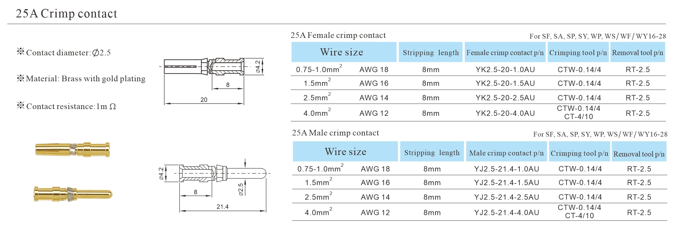 Weipu Circular Connector Crimp Contacts - Male Female