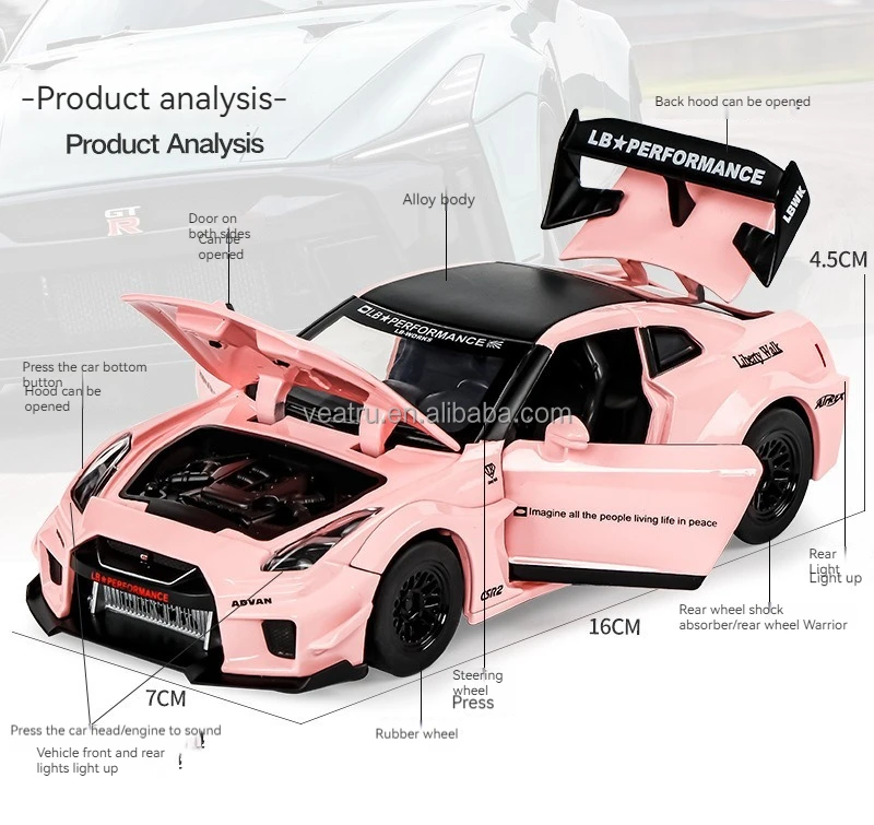 Diecast 1:32 Nissan GTR-CSR2 Alloy Car Model Decoration Sound and Light ...