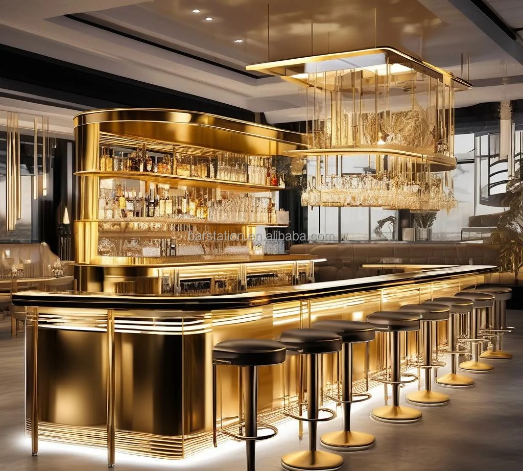 Stainless Steel Golden Bar Counter - Durable Cocktail Station