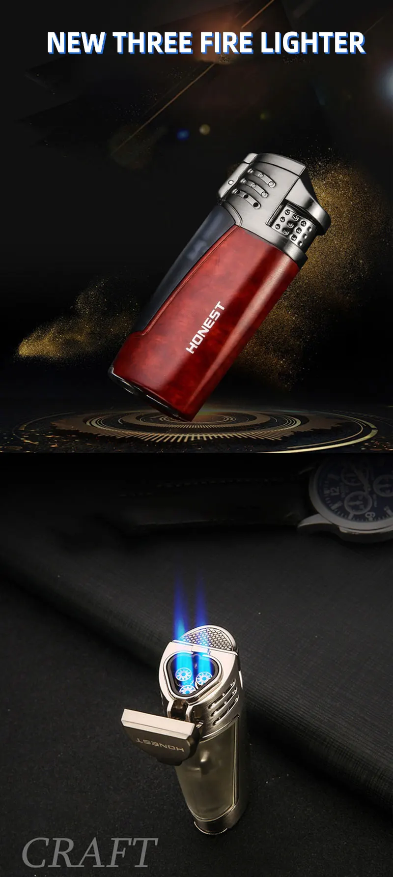 Honest Jinpeng Cigar Inflator Lighter Creative Three Fire Direct Fire ...