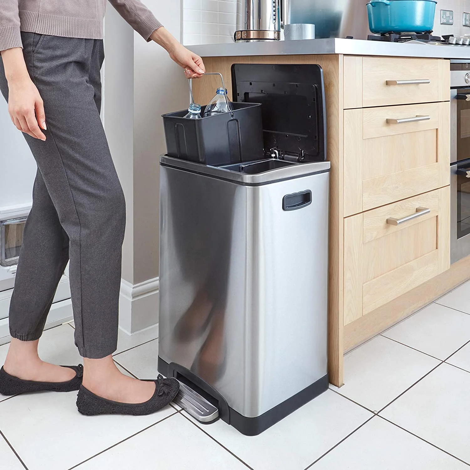 Black 40l Duplex Recycling Box With Soft Sealing Cover Stainless Steel ...