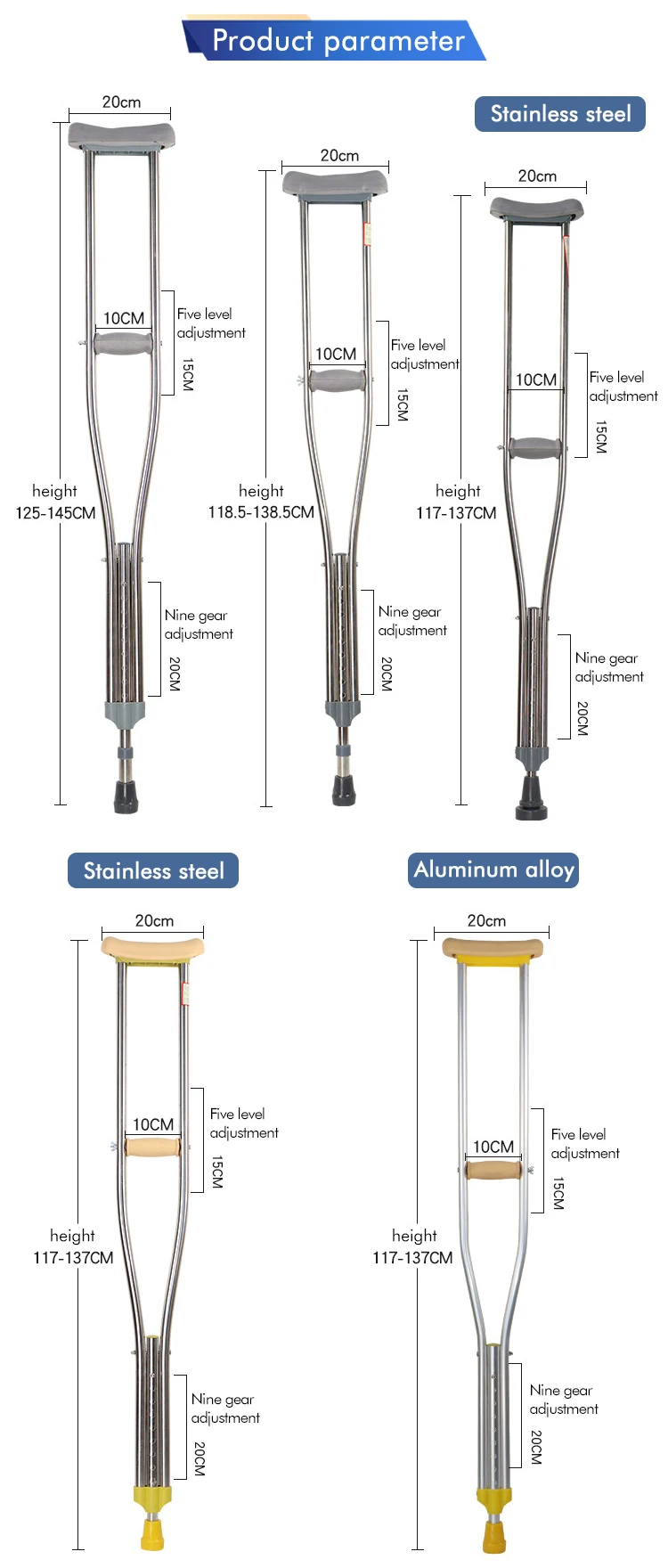 Aluminum Adjustable Axillary Crutches Medical Disabled Under Arm Crutch ...