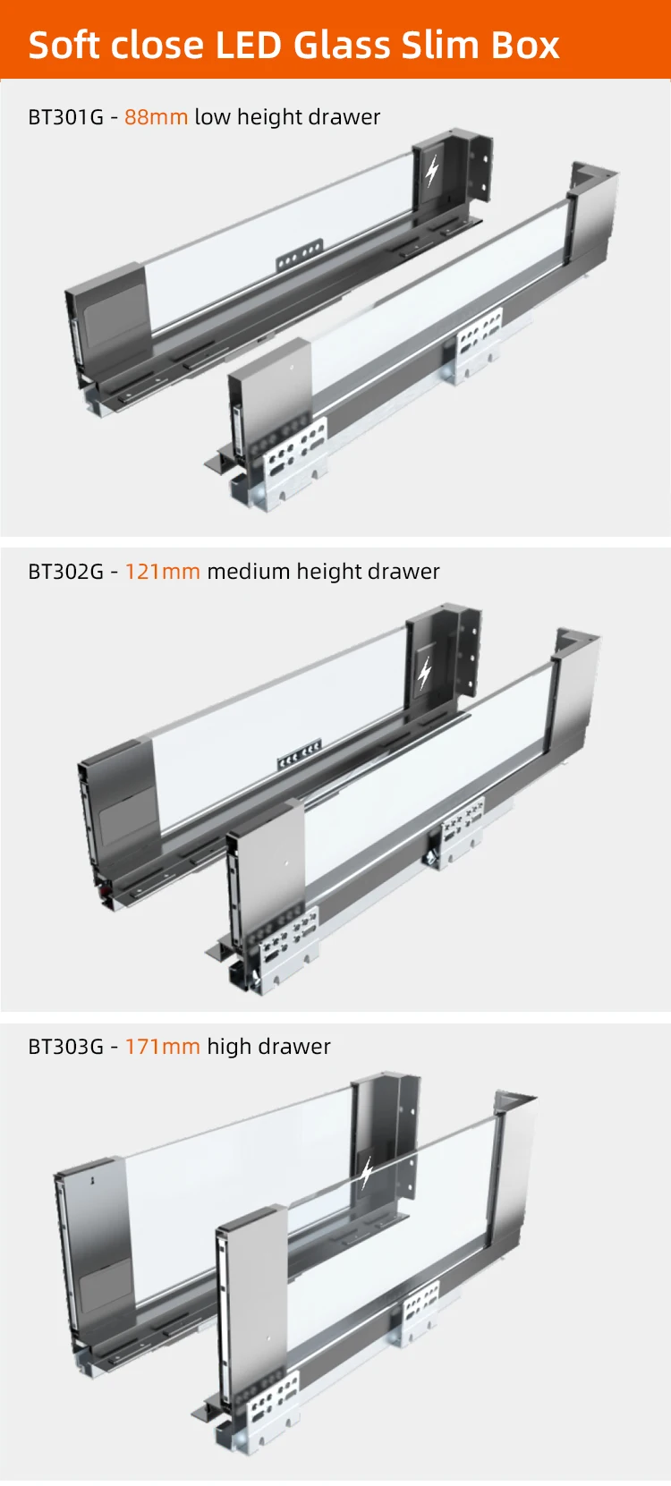 TEMAX BT501G Soft Close Built-in LED Light Glass Side Panel Metal Box ...