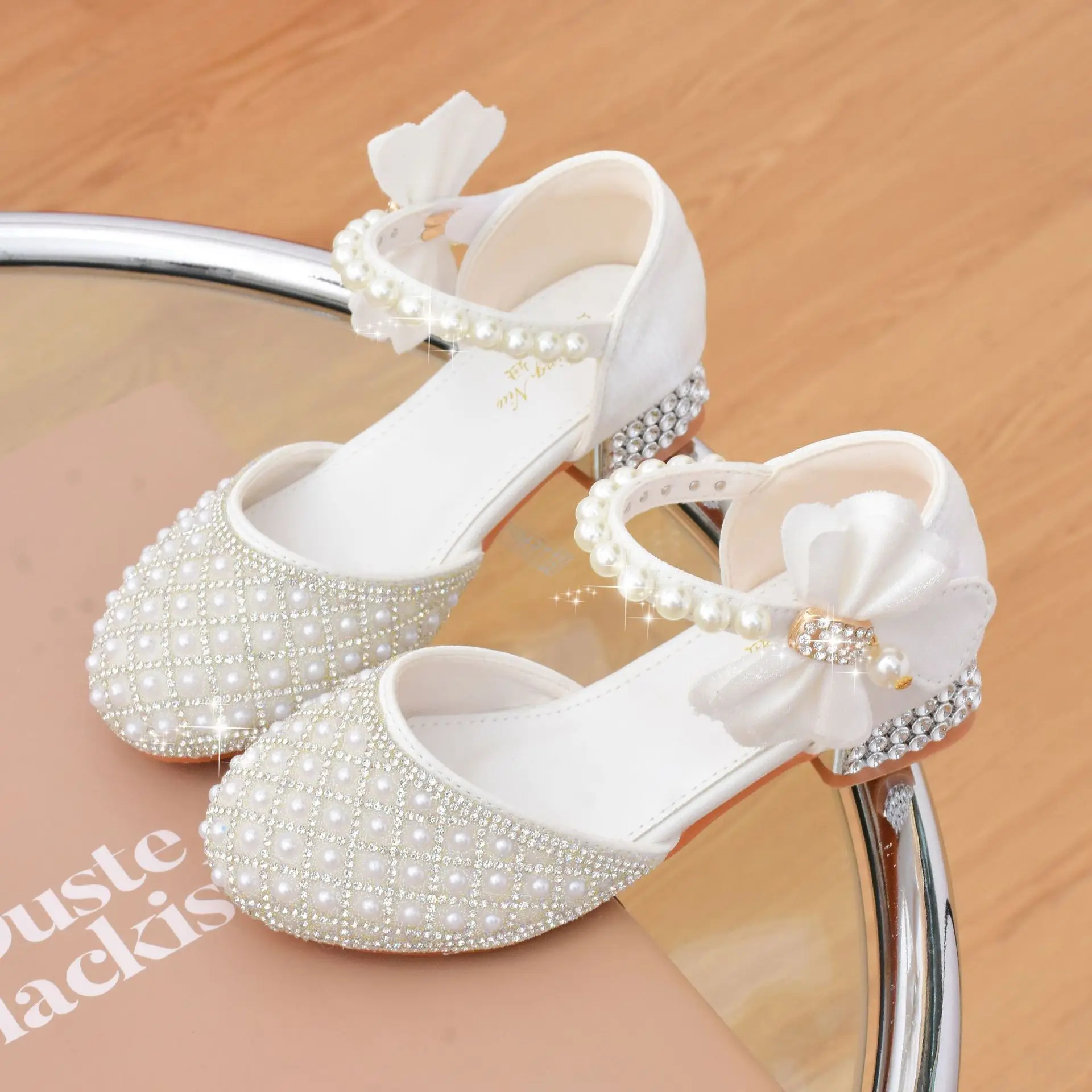 Doud Girl Sequin Pearl Bow Crystal Princess Party Shoes Girl Silver ...