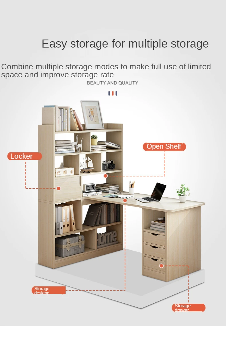 Modern Escritorio Wooden Corner Desk Bookcase Combination