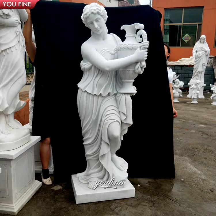 Life Size Marble Lady Statue with Jar - Hand Carved