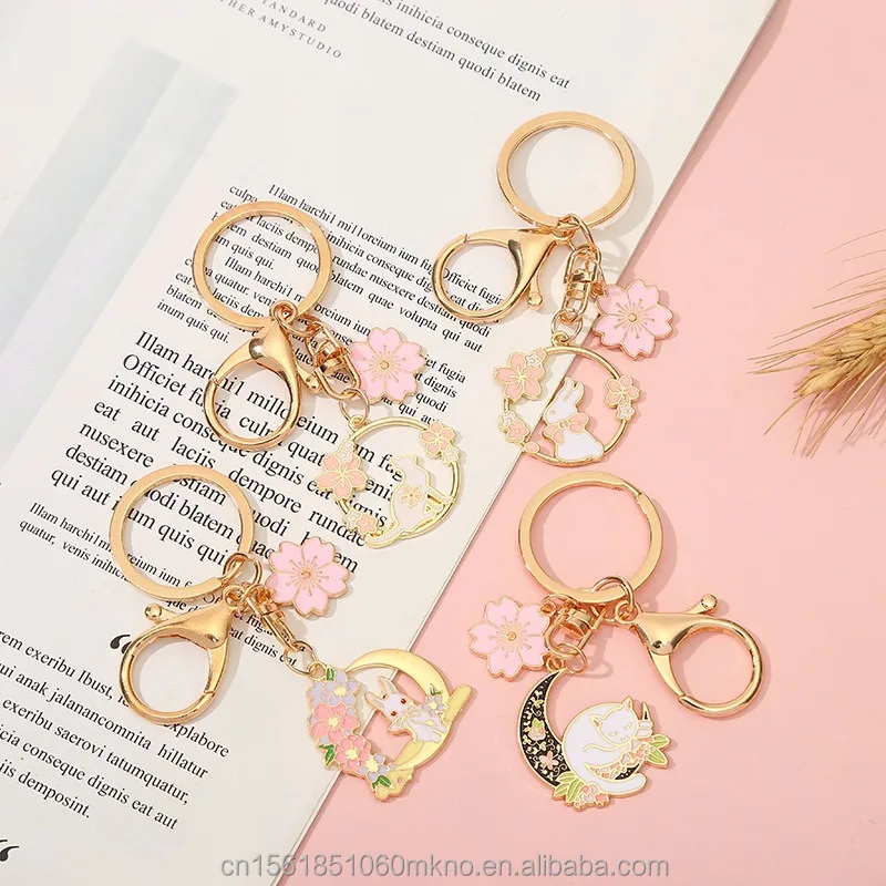 Cute Cartoon DIY Metal Keychain - Fresh Cherry Blossom Rabbit