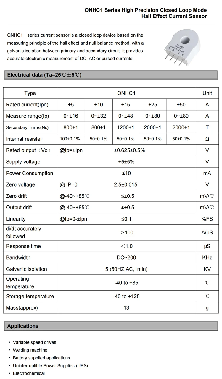 Hall Effect Current Sensor Qnhc1 5a 10a 15a 25a 50a Vout 2.5+- 0.625v 1 ...