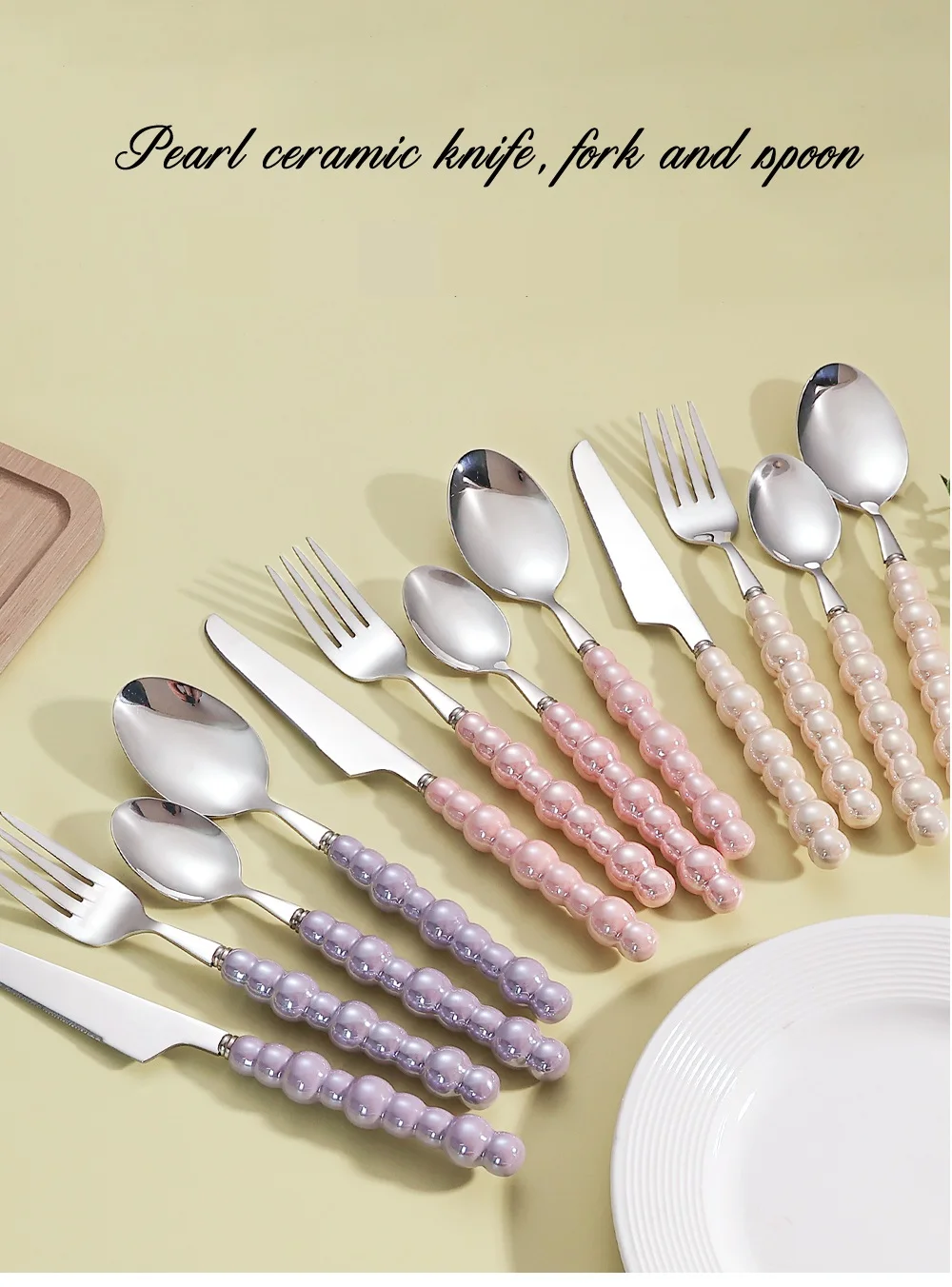 INS Modern Elegant Silver White Pearl Handle Flatware Wedding Stainless ...