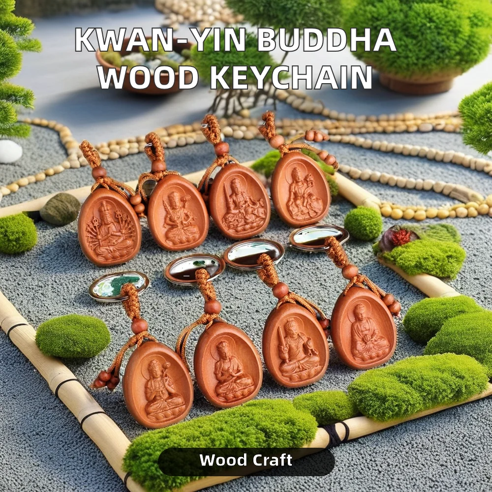 Wood Keychain Kwan-yin Buddha Feng Shui Amulet Accessories Metal Key ...