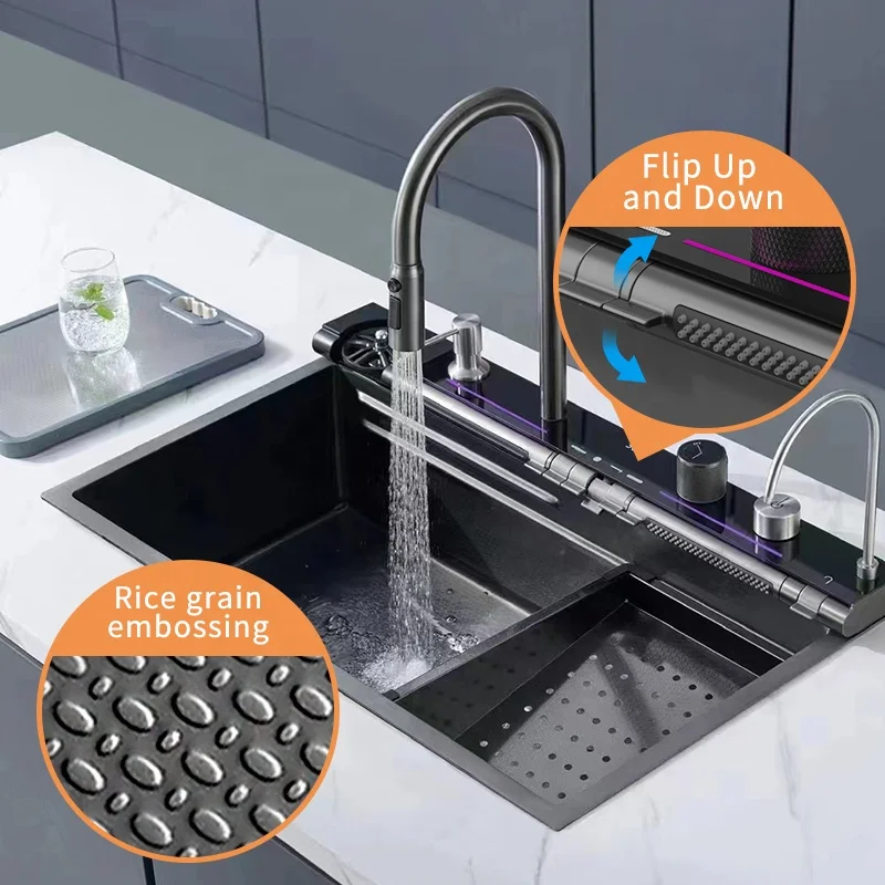 New Modern Design Handmade Stainless Steel Waterfall Kitchen Sink Smart ...