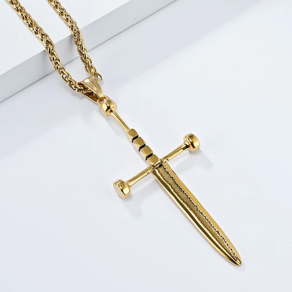 Retro Knight Ancient Sword Weapon Cross Titanium Steel Pendant Necklace ...