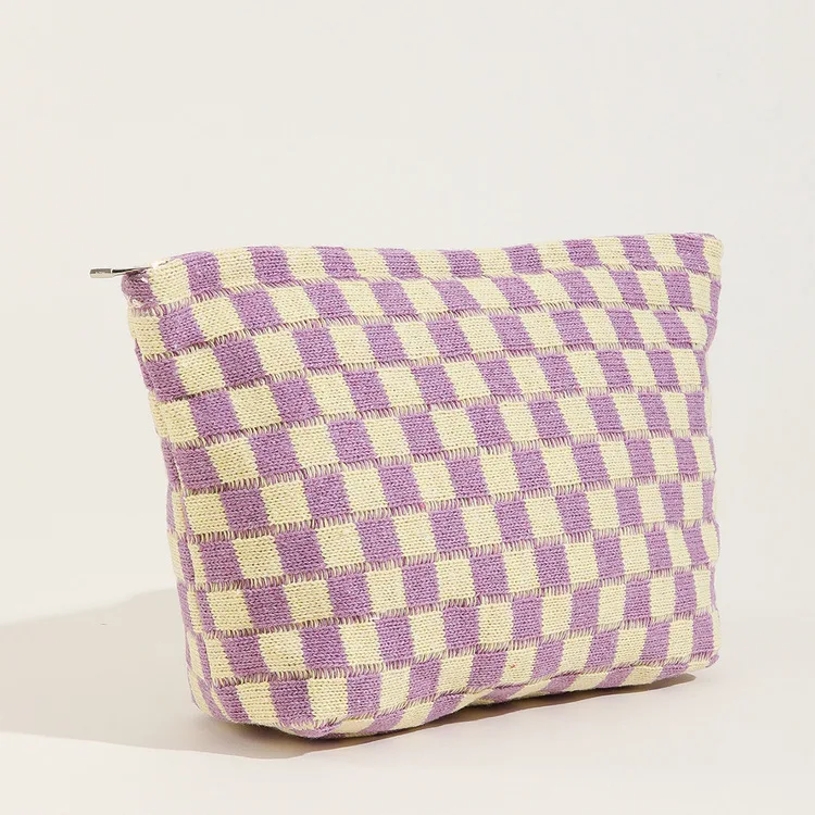 Knitted Checker Makeup Pouch With Zipper Makeup Brushes Storage Bag ...