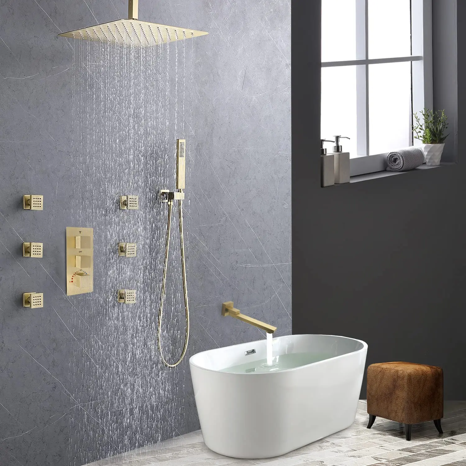 Luxury Thermostatic Wall Mounted Bathroom Shower System Ceiling Shower Head Concealed Shower ...