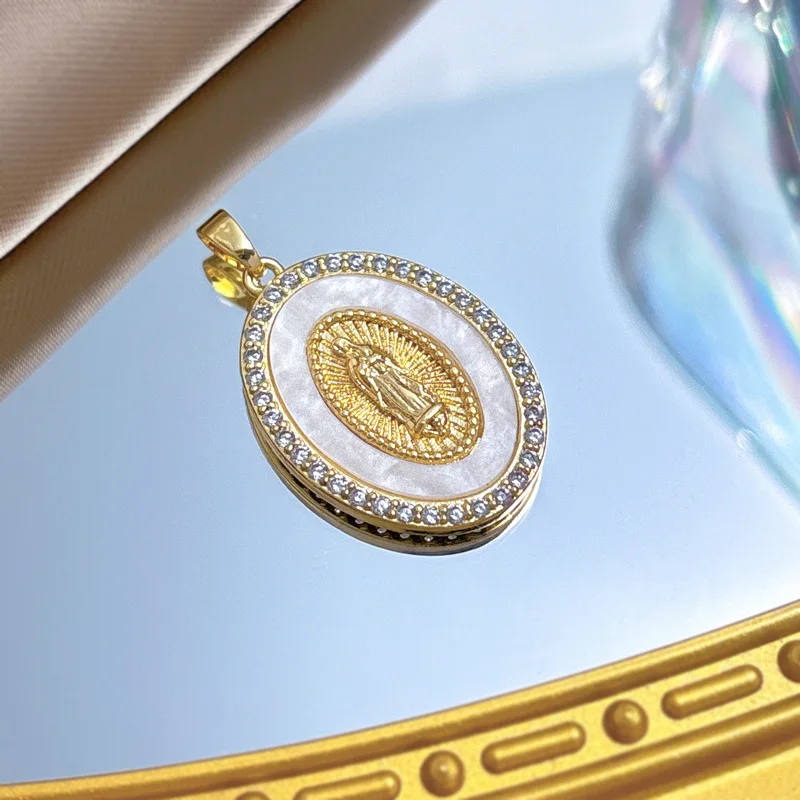 Catholic 18k Gold Plated Oval Religion Holy Mother Natural White Shell ...