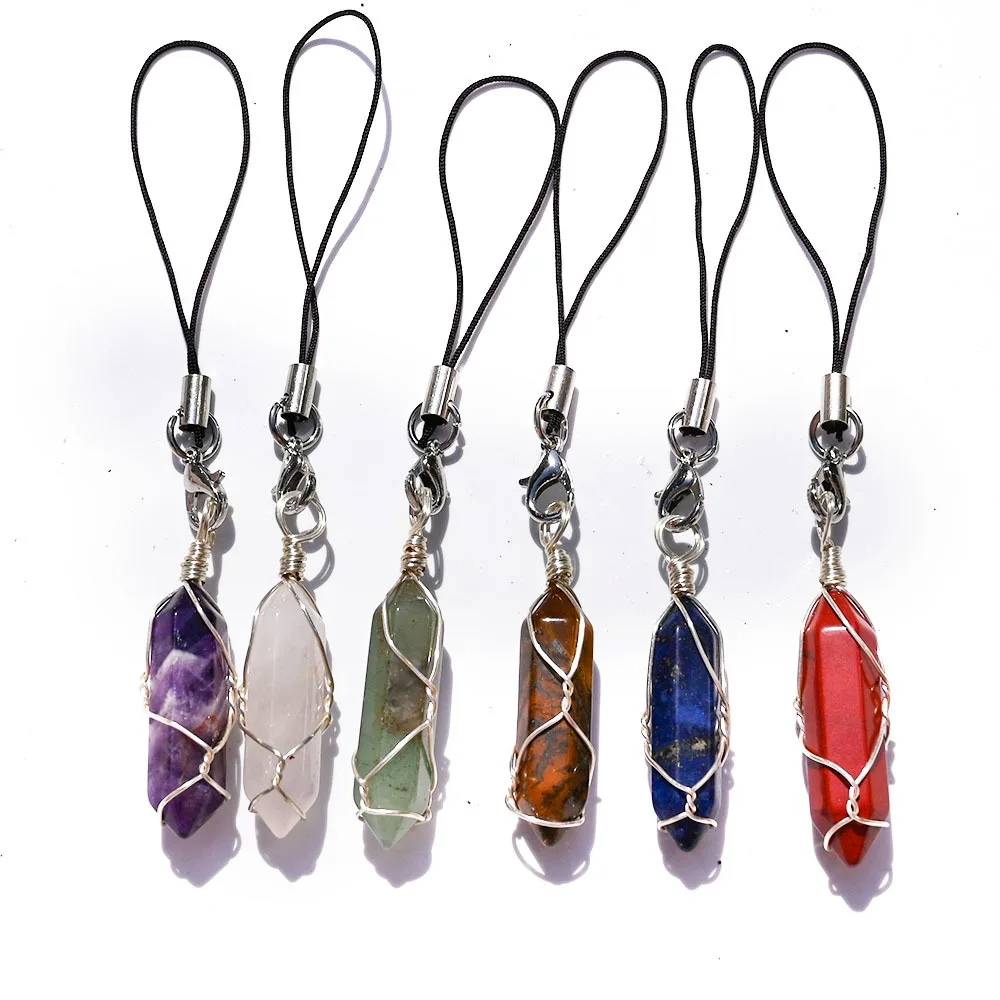 Wholesale Natural Stone Wire Wrapped Hexagon Prism Crystal Key Chain ...