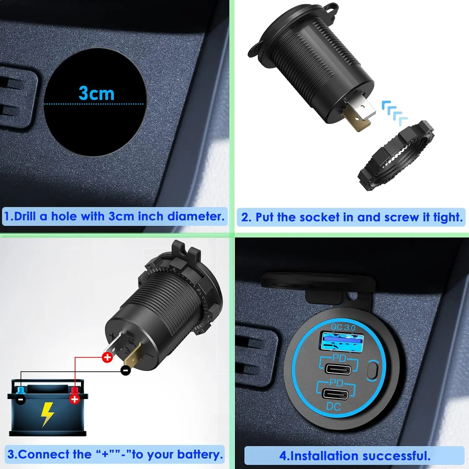 12 Volt USB Socket - Triple Port Car Charger with Dual PD3.0