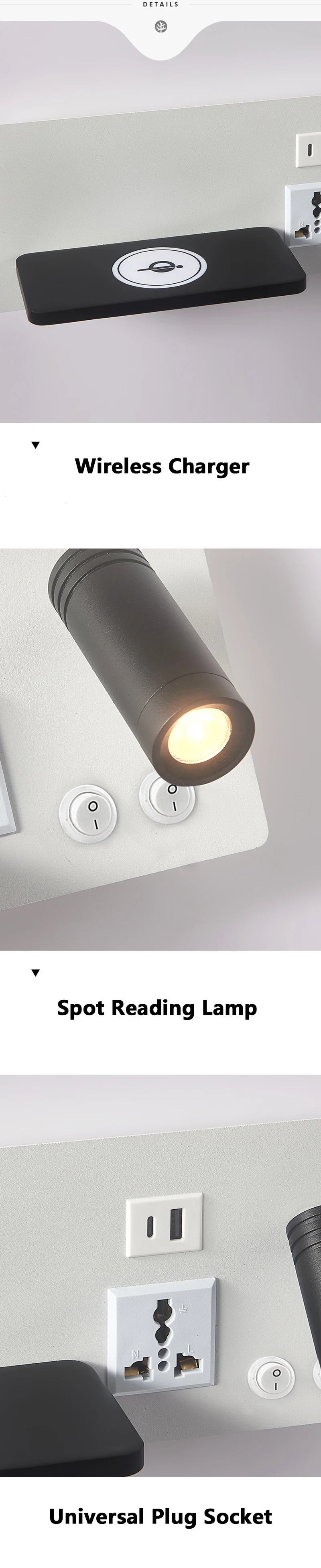 Winlams Hotel Bedroom Decor Wall Lamp Metal Body Usb Interface And Plug ...