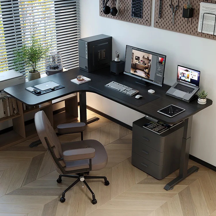 Black L-shaped Double Motor Electric Lift Desk Intelligent High Memory ...