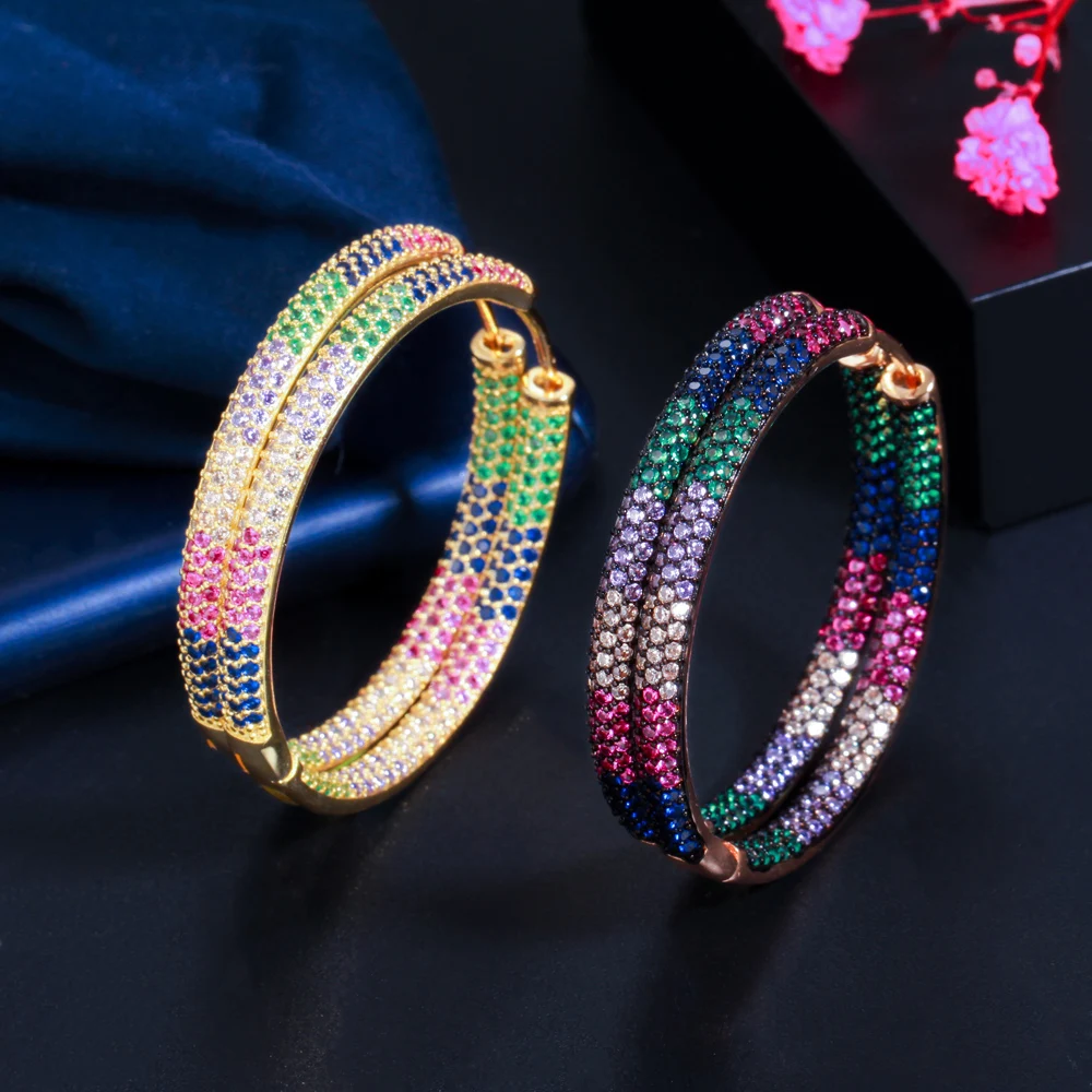 Trendy Two Tones Rainbow Shiny Cubic Zirconia Stone Big Circle Round Hoop Earrings for Women ...