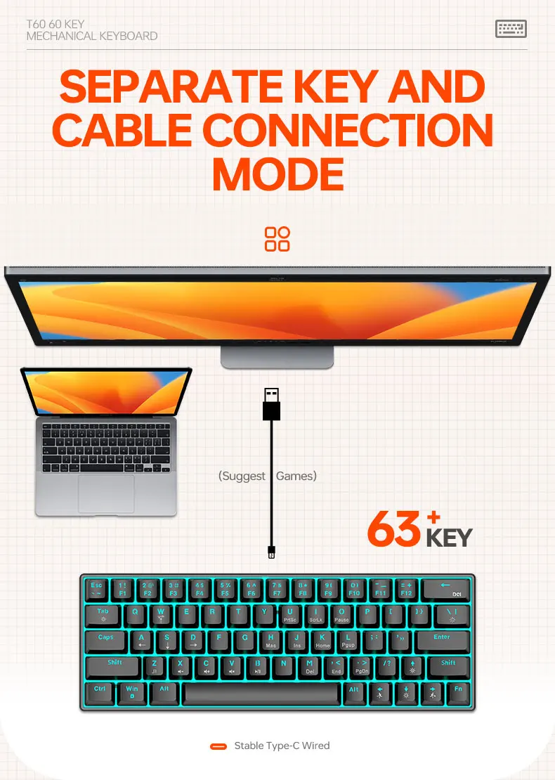 Gaming Mechanical Keyboard Wired Mini 63 Keys Qwerty Customized Color ...